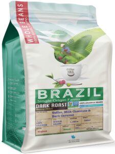 32 ounce (2 lb) non-gmo single origin dark roast brazil coffee, low acidity all natural, single origin whole bean coffee notes: rich dark caramel, milk chocolate and sweet toffee - coffeafarms by coffeeland