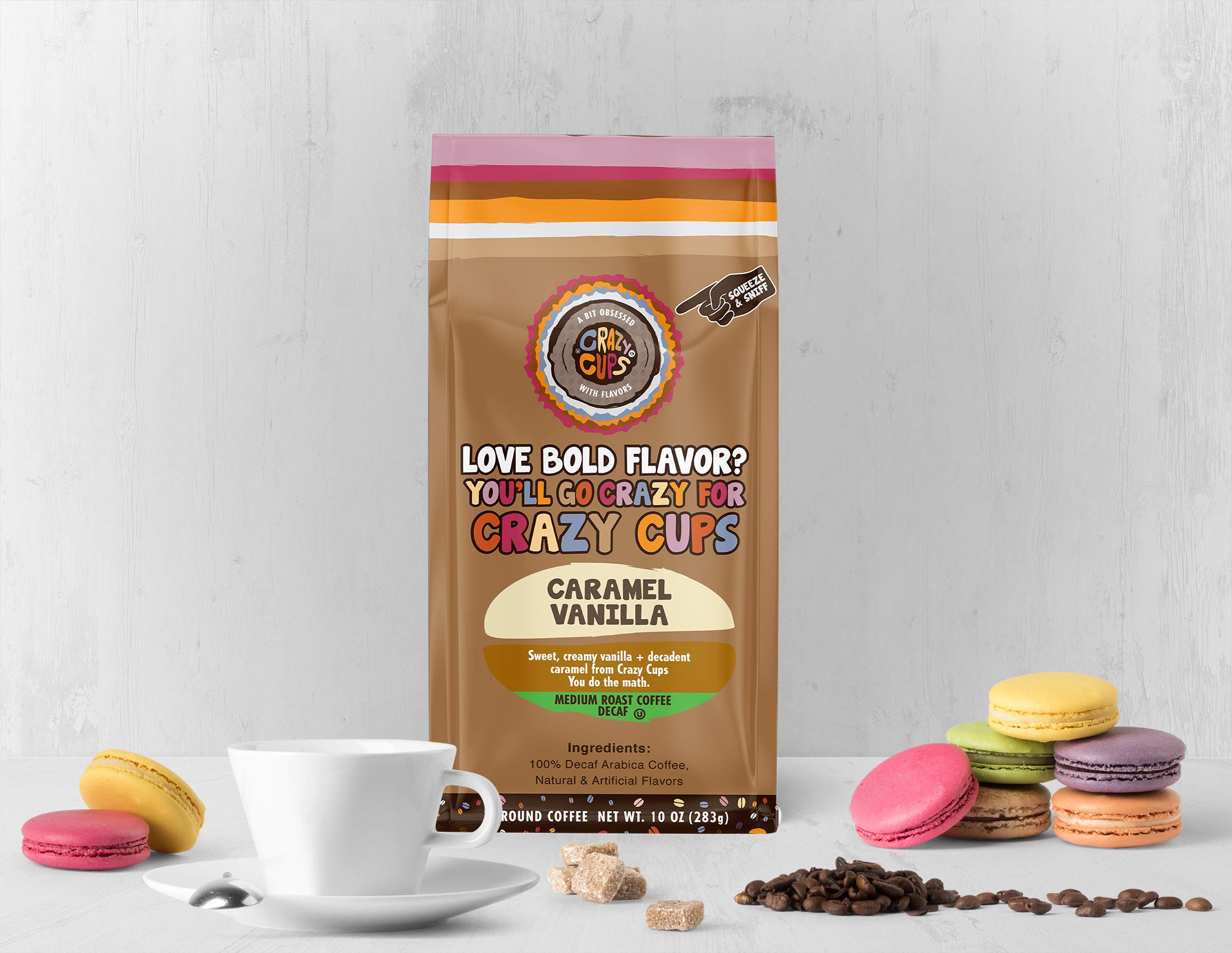 Crazy Cups Decaf Flavored Ground Coffee Variety Pack, Includes Cinnamon French Toast, Caramel Vanilla, Pumpkin Caramel Spice, in 10 oz Bags, For Brewing Flavored Hot or Iced Decaf Coffee, Variety 3 Pack