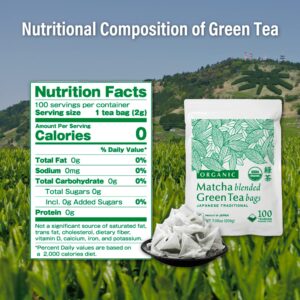 NAKANE TEA INC. Organic Green Tea Bags 100 Count, Matcha Blend Flavor, from Japan