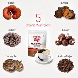 Tiger Mushroom Coffee Organic Blend 3.5 oz - 100% Arabica Coffee with 5 Superfood Mushrooms Includes Reishi, Chaga, Maitake, Shiitake, Turkey Tail