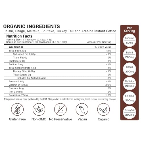 Tiger Mushroom Coffee Organic Blend 3.5 oz - 100% Arabica Coffee with 5 Superfood Mushrooms Includes Reishi, Chaga, Maitake, Shiitake, Turkey Tail