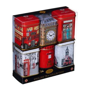 iconic london sights 6x tea tins with fine english breakfast loose leaf tea, british souvenir, big ben, uk foods