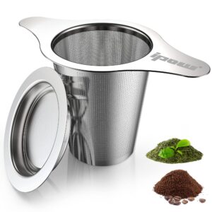 ipow reusable stainless steel coffee filter, paperless coffee maker strainer, double fine mesh basket for loose tea& ground coffee, coaster lid, long handle for cup, mug &teapot