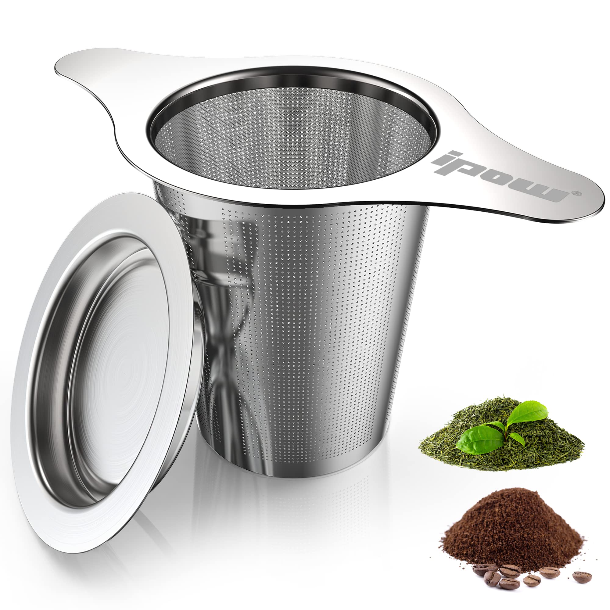 IPOW Reusable Stainless Steel Coffee Filter, Paperless Coffee Maker Strainer, Double Fine Mesh Basket for Loose Tea& Ground Coffee, Coaster Lid, Long Handle for Cup, Mug &Teapot