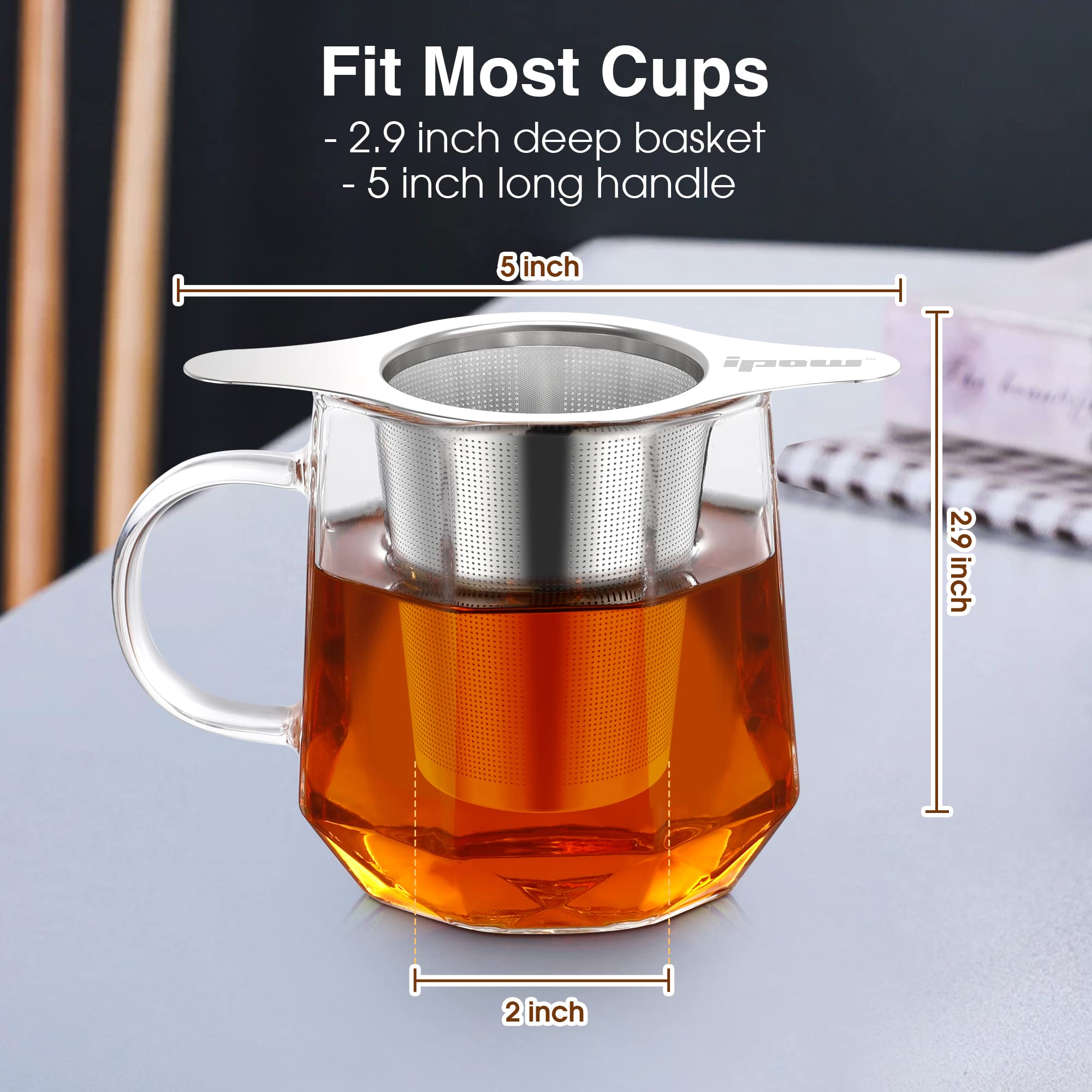 IPOW Reusable Stainless Steel Coffee Filter, Paperless Coffee Maker Strainer, Double Fine Mesh Basket for Loose Tea& Ground Coffee, Coaster Lid, Long Handle for Cup, Mug &Teapot