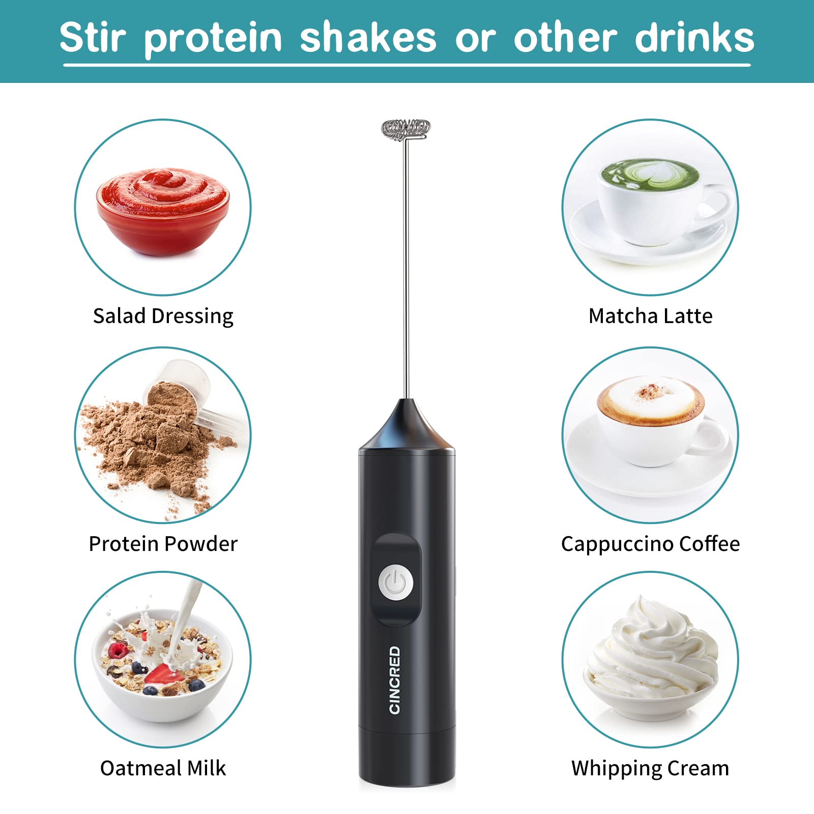 Cincred Milk Frother Handheld, Battery Operated Electric Frother for Coffee, Mini Whisk, Foam Maker and Drink Mixer for Latte, Cappuccino, Frappe, and Hot Chocolate (Black)