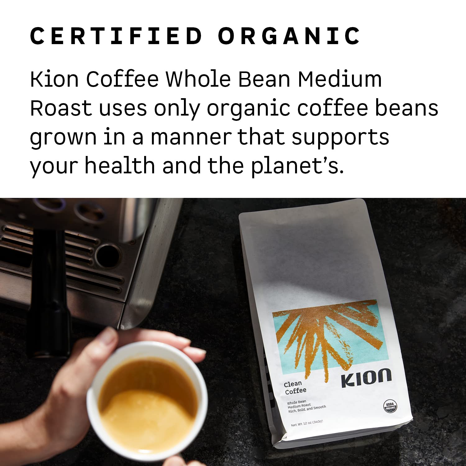 Kion Organic Ground Coffee, Tested for Toxins, Ethically Sourced, Rich, Bold, and Smooth, Medium Roast 12 Oz (1 Pack)