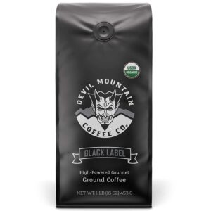 devil mountain coffee black label dark roast ground coffee, strong high caffeine coffee grounds, usda organic, fair trade, gourmet artisan roasted, strongest coffee in the world, 16 oz bag