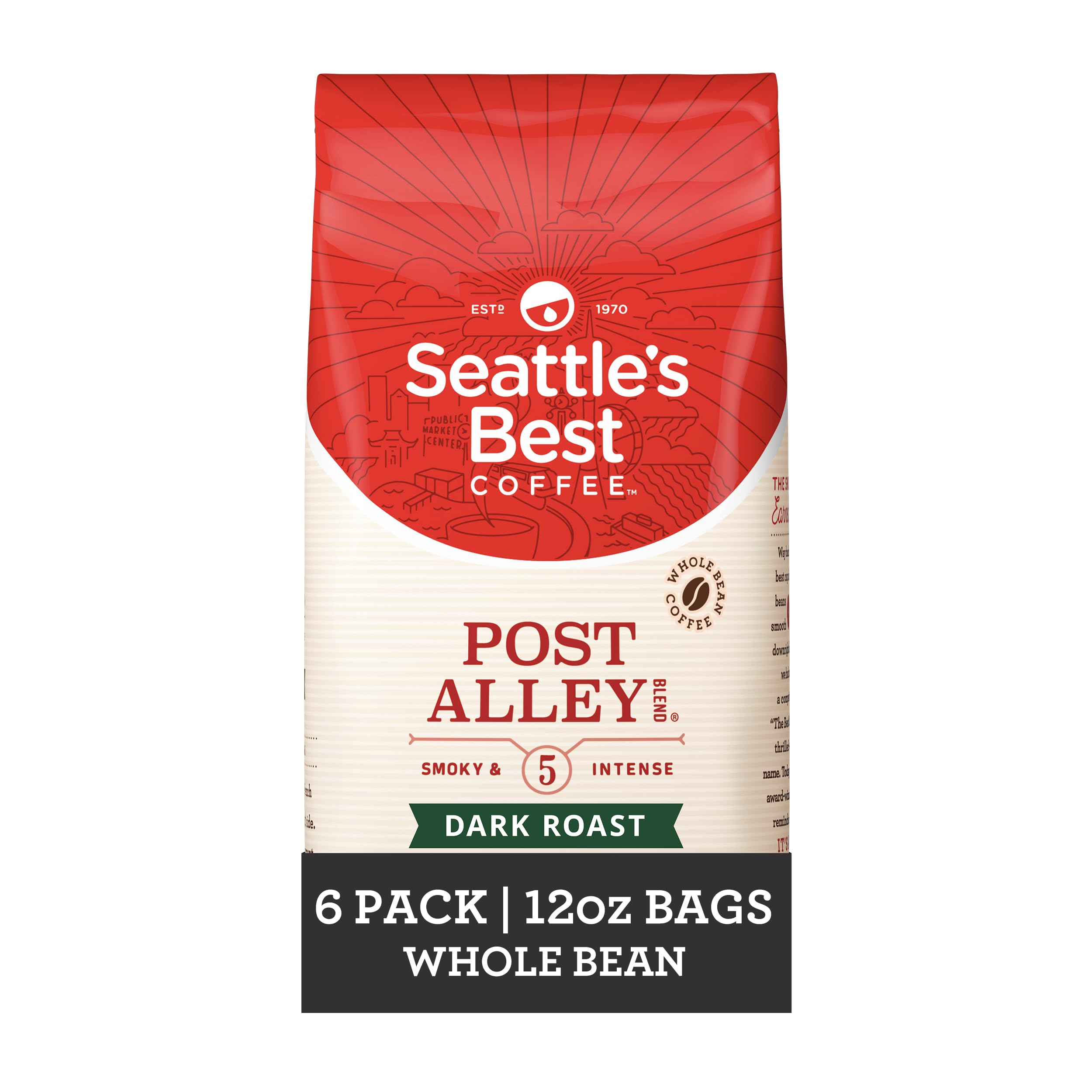 Seattle's Best Coffee Post Alley Blend Dark Roast Whole Bean Coffee | 12 Ounce Bags (Pack of 6)