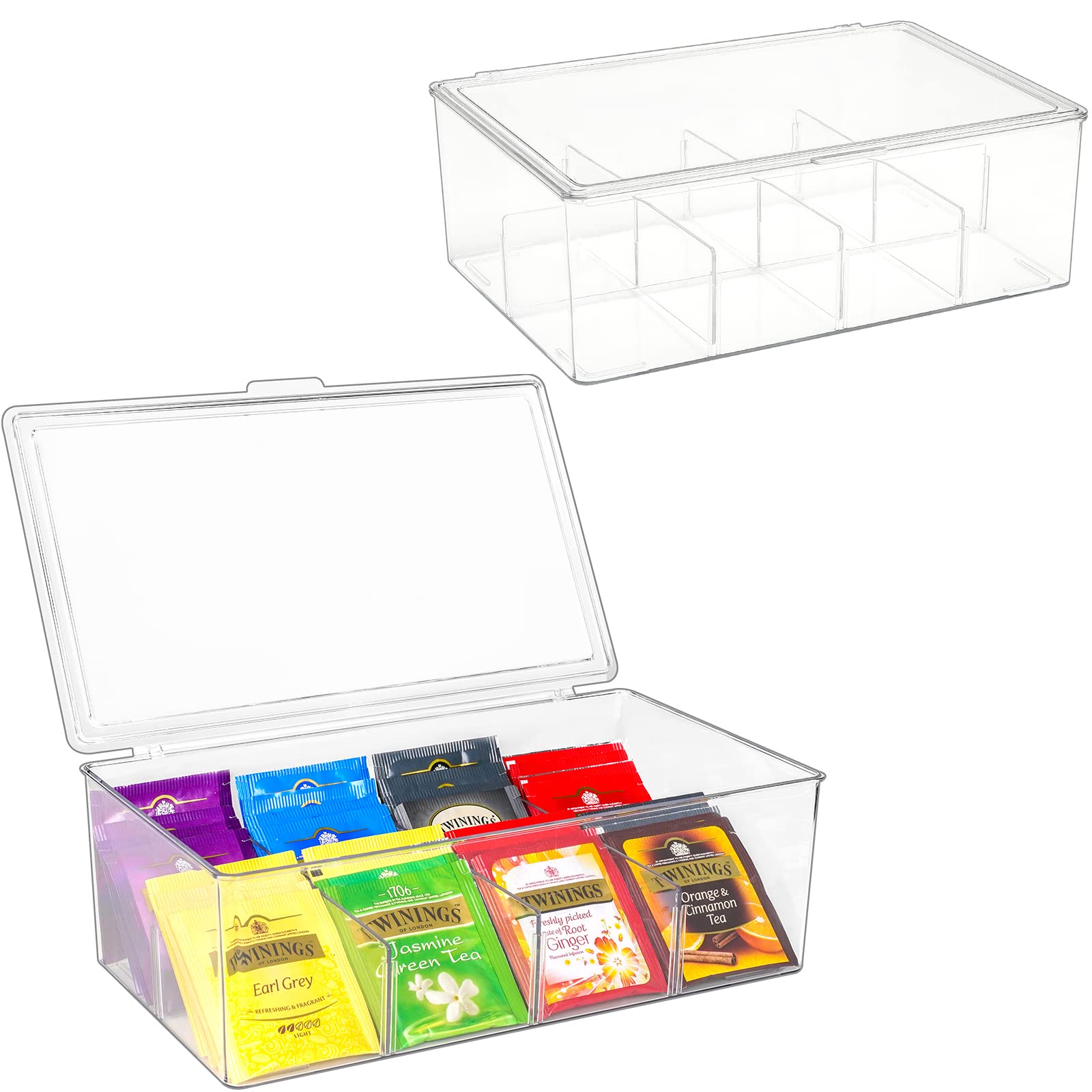 2 Pack Puricon Tea Bag Organizer Clear Acrylic Tea Storage Box with Lid, Plastic Tea Bag Holder Stackable Tea Organizer for Tea Bags Container Dispenser for Cabinet Pantry Counter Countertop -Clear