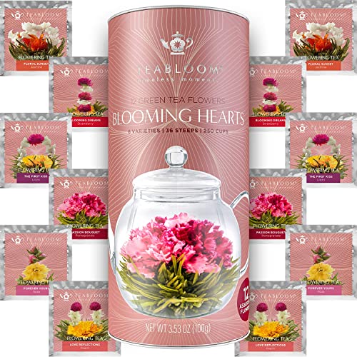 Teabloom Heart-Shaped Flowering Teas – 12 Assorted Blooming Tea Flowers – Green Tea + Jasmine, Pomegranate, Strawberry, Rose, Litchi & Peach