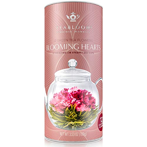 Teabloom Heart-Shaped Flowering Teas – 12 Assorted Blooming Tea Flowers – Green Tea + Jasmine, Pomegranate, Strawberry, Rose, Litchi & Peach