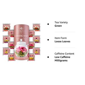 Teabloom Heart-Shaped Flowering Teas – 12 Assorted Blooming Tea Flowers – Green Tea + Jasmine, Pomegranate, Strawberry, Rose, Litchi & Peach