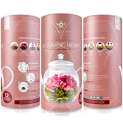 Teabloom Heart-Shaped Flowering Teas – 12 Assorted Blooming Tea Flowers – Green Tea + Jasmine, Pomegranate, Strawberry, Rose, Litchi & Peach