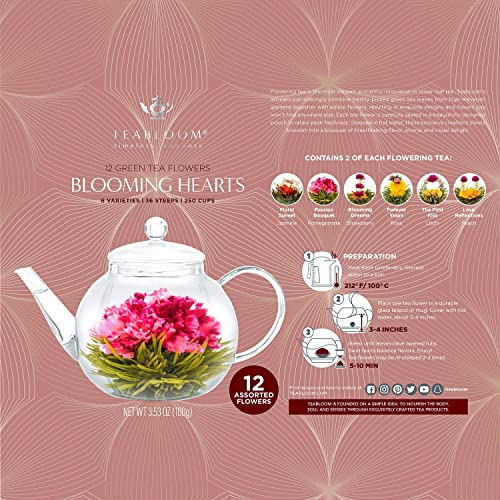 Teabloom Heart-Shaped Flowering Teas – 12 Assorted Blooming Tea Flowers – Green Tea + Jasmine, Pomegranate, Strawberry, Rose, Litchi & Peach