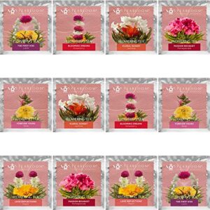 Teabloom Heart-Shaped Flowering Teas – 12 Assorted Blooming Tea Flowers – Green Tea + Jasmine, Pomegranate, Strawberry, Rose, Litchi & Peach