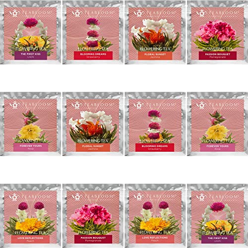 Teabloom Heart-Shaped Flowering Teas – 12 Assorted Blooming Tea Flowers – Green Tea + Jasmine, Pomegranate, Strawberry, Rose, Litchi & Peach