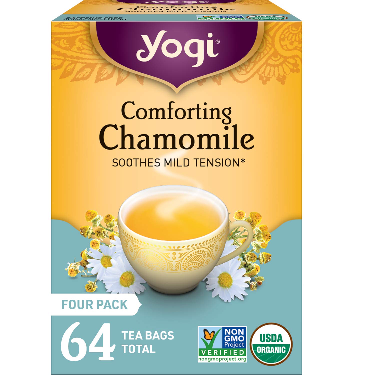 Yogi Tea Comforting Chamomile Tea - 16 Tea Bags per Pack (4 Packs) - Organic Chamomile Tea Bags - Supports a Good Night's Sleep & Occasional Stomach Discomfort - Made from Organic Chamomile Flower