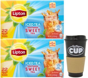 lipton southern sweet tea, gallon-size tea bags, 22 count box (pack of 2) with by the cup to go cup