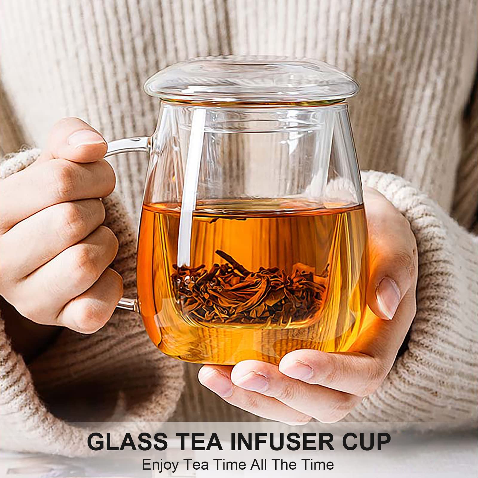 Glass Tea Infuser Cup with Strainer and Lid Gift Kit, Borosilicate Glass Teacup with Tea Filter for Blooming Tea and Loose Leaf Tea, Filter 99% of Tea Leaves, Lead-free, 17oz