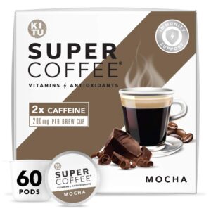 kitu super coffee pods, energy & immunity (2x caffeine, vitamins, antioxidants) [mocha] 60 count | keto coffee pods compatible with keurig 2.0 k-cup brewers