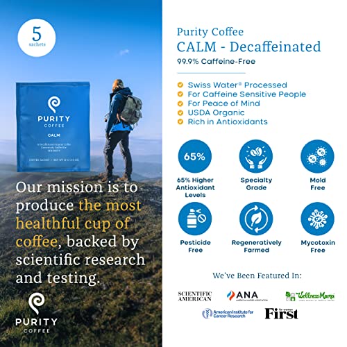 Purity Coffee CALM Decaf Medium Roast Organic Coffee - USDA Certified Organic Specialty Grade Arabica Single-Serve Packets - Third Party Tested for Mold, Mycotoxins & Pesticides - 5 ct Box