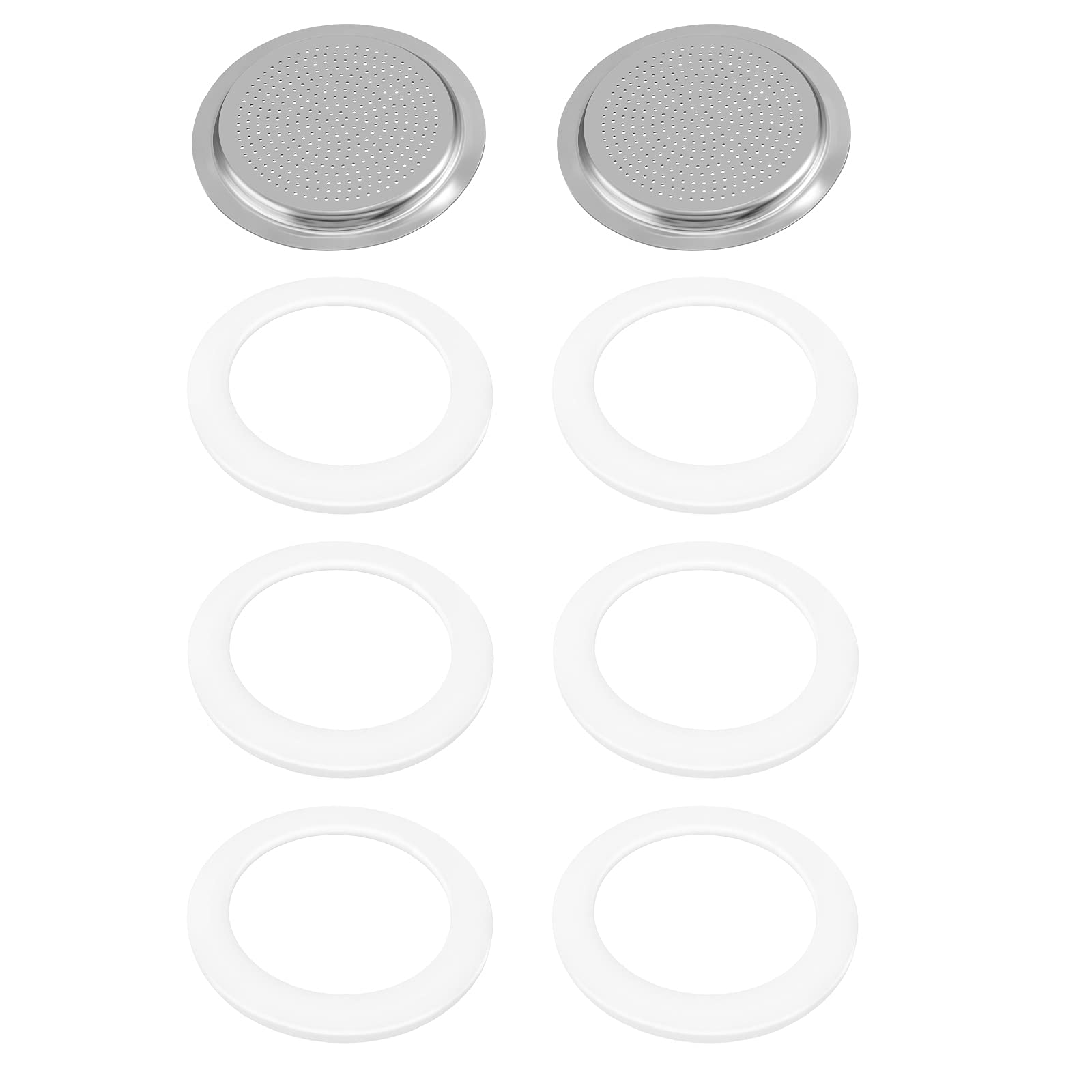 6 Pieces Silicone Gaskets with 2 Piece Stainless Filter Gasket Stainless Steel Replacement Gasket Moka Express Replacement Funnel Kits Compatible Espresso Coffee Maker Replacement Parts (6-cup)