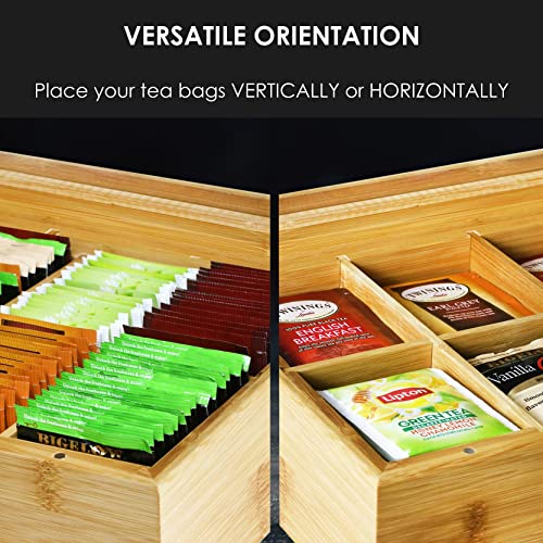 Premium High-end 100% Natural Bamboo Tea Box with 2 Coasters - Wooden Tea Organizer - Tea Bag Organizer Wooden Storage Box - 8 Adjustable Compartments - Clear Lid - Magnet Closure