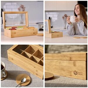 Premium High-end 100% Natural Bamboo Tea Box with 2 Coasters - Wooden Tea Organizer - Tea Bag Organizer Wooden Storage Box - 8 Adjustable Compartments - Clear Lid - Magnet Closure