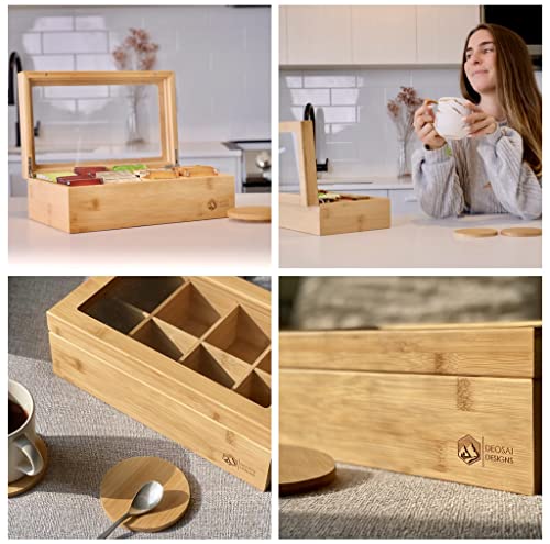 Premium High-end 100% Natural Bamboo Tea Box with 2 Coasters - Wooden Tea Organizer - Tea Bag Organizer Wooden Storage Box - 8 Adjustable Compartments - Clear Lid - Magnet Closure