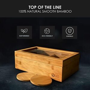 Premium High-end 100% Natural Bamboo Tea Box with 2 Coasters - Wooden Tea Organizer - Tea Bag Organizer Wooden Storage Box - 8 Adjustable Compartments - Clear Lid - Magnet Closure