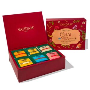 vahdam, assorted chai tea variety pack (6 flavors, 60 tea bags) caffeinated, gluten free, non gmo | indian masala chai tea blends | long leaf pyramid tea bags variety pack | gifts for women/men