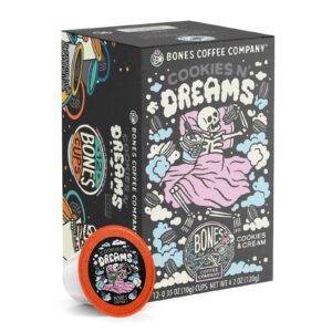 bones coffee company flavored coffee bones cups cookies 'n dreams | 12ct single-serve coffee pods compatible with 1.0 & 2.0 keurig coffee maker | chocolate cookie & vanilla ice cream coffee flavor