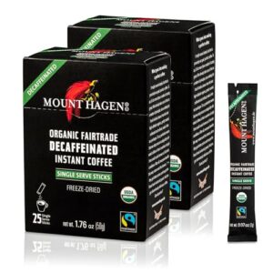 mount hagen 25 count single serve instant decaf coffee packets - 2 pack | decaffeinated organic medium roast arabica beans | eco-friendly, fair-trade [2 x 25 sticks/1.76oz/50g]