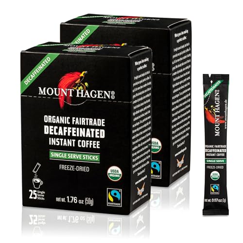 Mount Hagen 25 Count Single Serve Instant Decaf Coffee Packets - 2 Pack | Decaffeinated Organic Medium Roast Arabica Beans | Eco-friendly, Fair-Trade [2 x 25 sticks/1.76oz/50g]