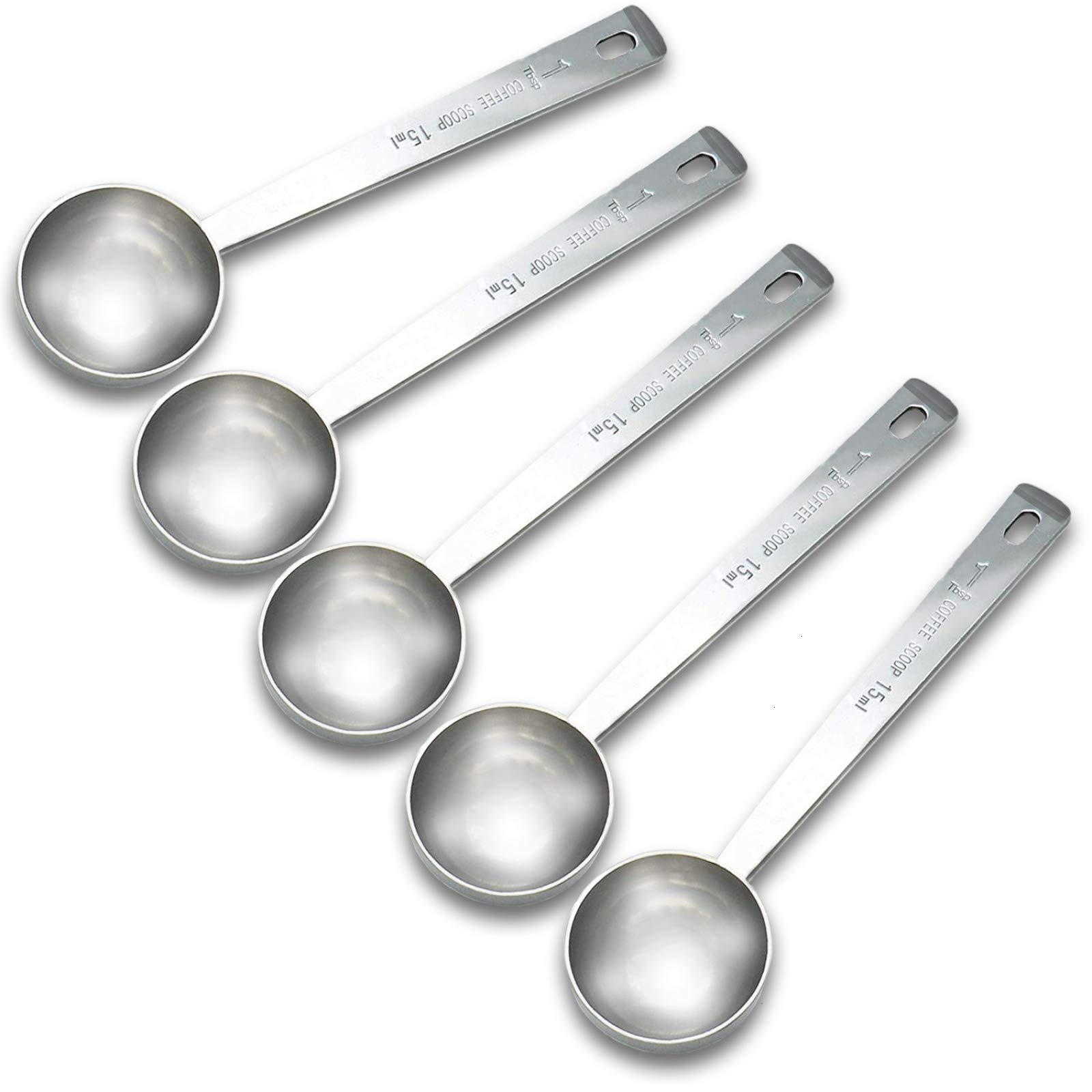 Timoo Coffee Measuring Scoop 1 Tablespoon long handle Stainless Steel spoon for Coffee, Milk Powder, Fruit Powder, Set of 5