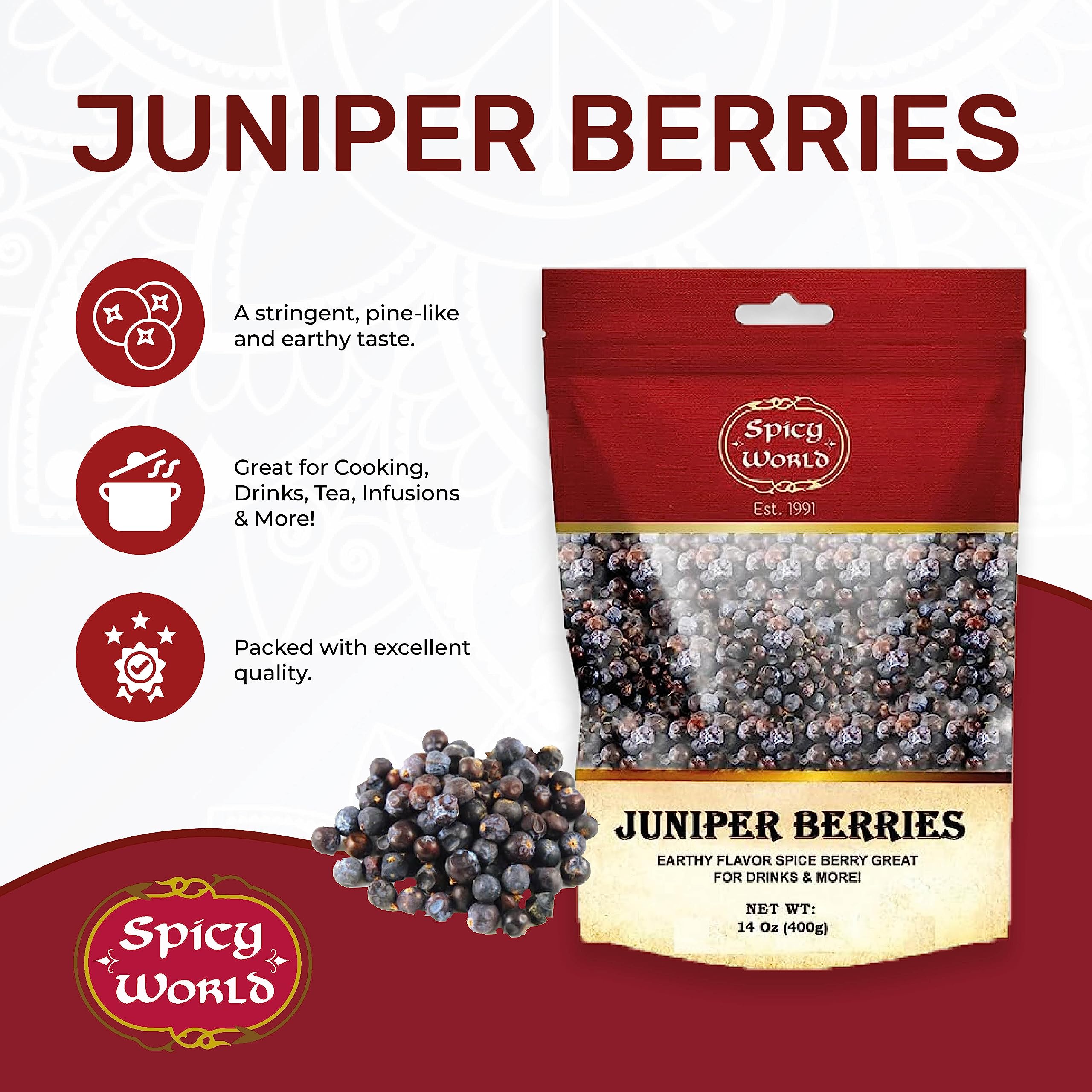 Spicy World Juniper Berries Whole 14 Ounce Bag- Pure - Great for Cooking, Drinks, Tea & More!