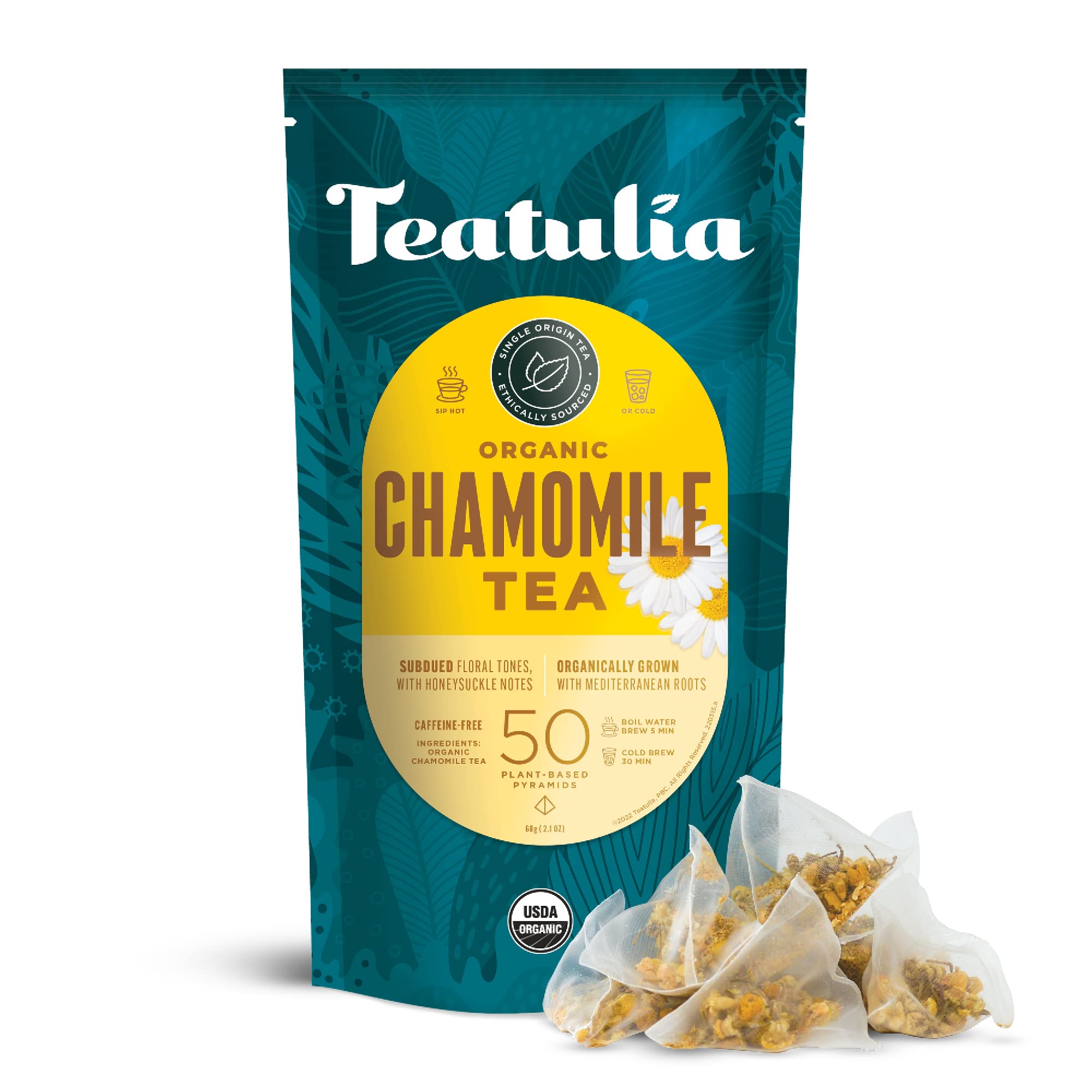 Teatulia Organic Chamomile Tea Bags (50 Pyramid Teabags) Whole Flower | 100% Compostable | Sustainably Grown In Egypt