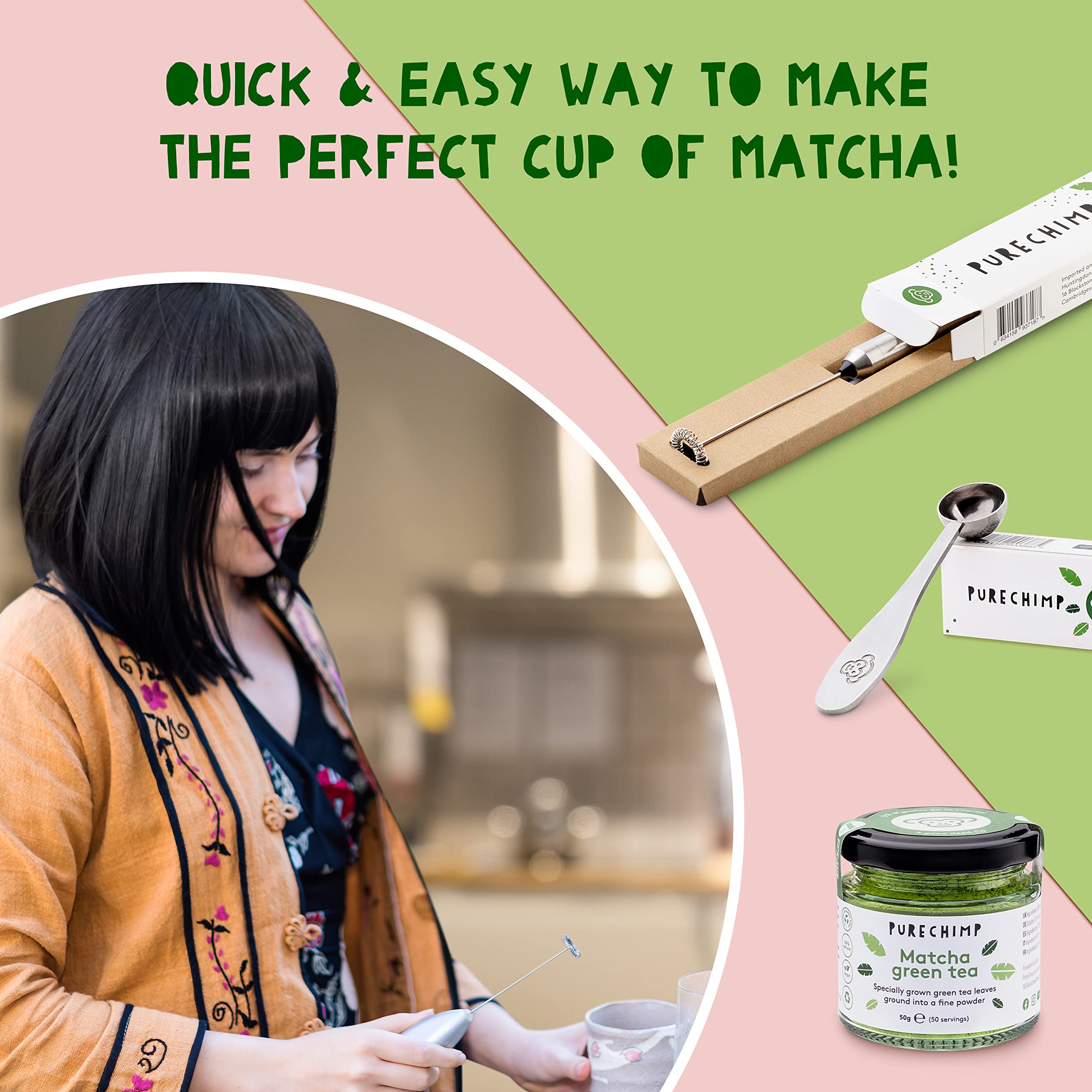 PureChimp Modern Matcha Set – Starter Kit with Electric Matcha Whisk, 50 Grams of Japanese Matcha, and Stainless Steel Measuring Spoon