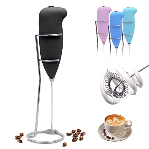 SONWELL Coffee Milk Frother Handheld BLACK, Drink Coffee Mixer with Stainless Steel Stand, Battery Operated Electric Foam Maker, Milk Foamer for Lattes,Frappe, Matcha, Hot Chocolate BLACK