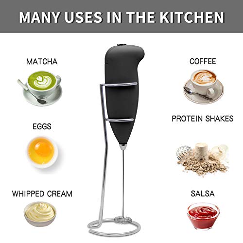 SONWELL Coffee Milk Frother Handheld BLACK, Drink Coffee Mixer with Stainless Steel Stand, Battery Operated Electric Foam Maker, Milk Foamer for Lattes,Frappe, Matcha, Hot Chocolate BLACK