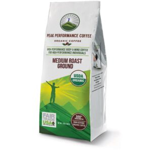 peak performance high altitude organic coffee. fair trade, low acid, non gmo, and beans full of antioxidants! medium roast smooth tasting usda certified organic ground coffee bag