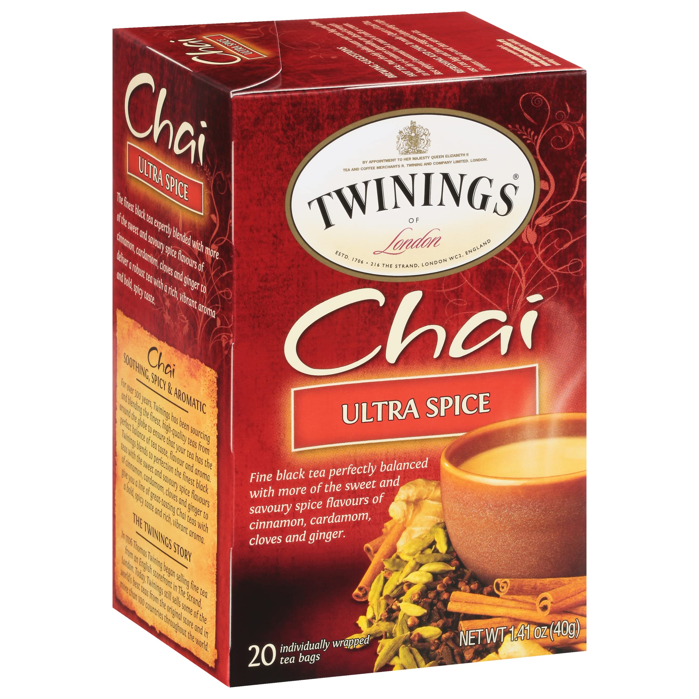 Twinings Ultra Spice Chai Tea Bags - Individually Wrapped, Black Tea with Cinnamon, Ginger, Cardamon & Clove, 20 Count