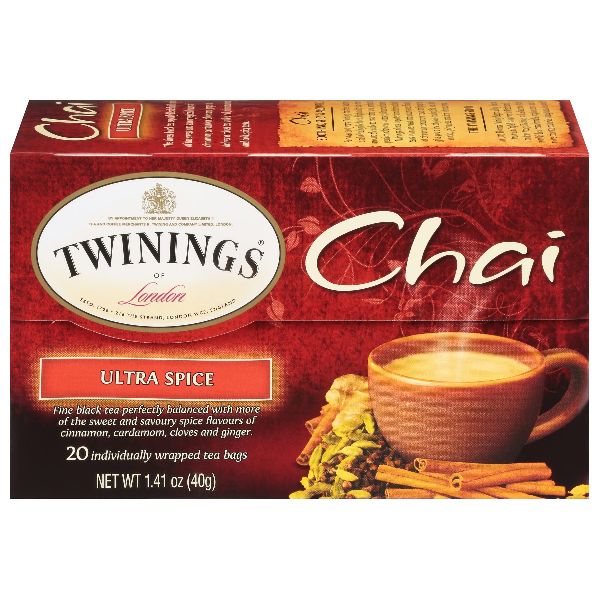 Twinings Ultra Spice Chai Tea Bags - Individually Wrapped, Black Tea with Cinnamon, Ginger, Cardamon & Clove, 20 Count