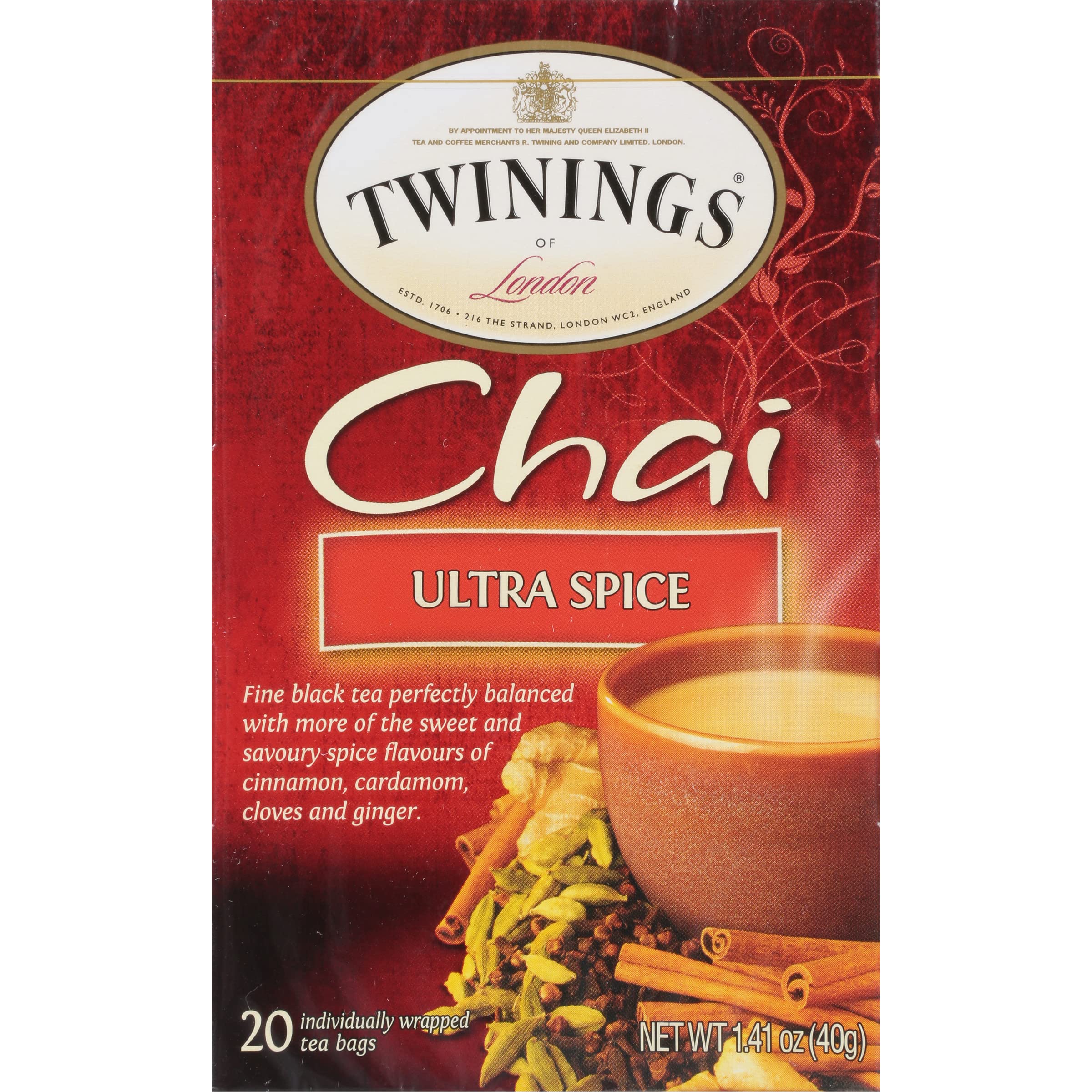 Twinings Ultra Spice Chai Tea Bags - Individually Wrapped, Black Tea with Cinnamon, Ginger, Cardamon & Clove, 20 Count