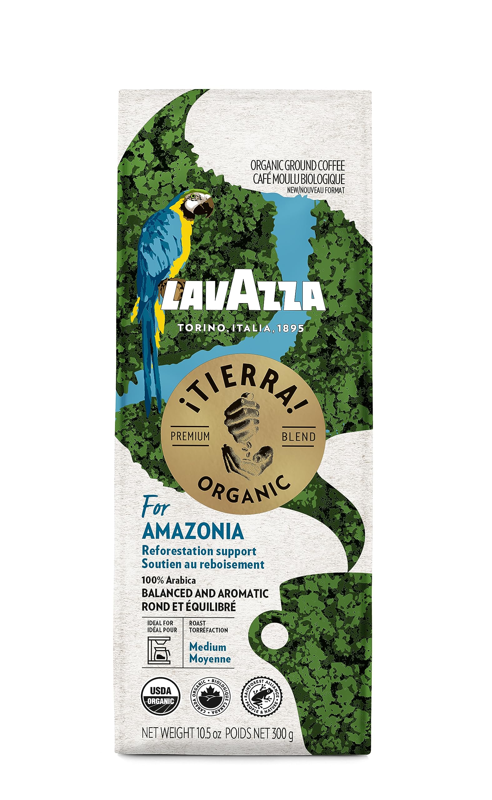 Lavazza, ¡Tierra Organic Amazonia Ground Coffee Medium Roast 10.5 Oz Bag, Floral Notes Authentic Italian, Value Pack, Blended And Roated in Italy, Balanced and Aromatic Fruity and floral notes