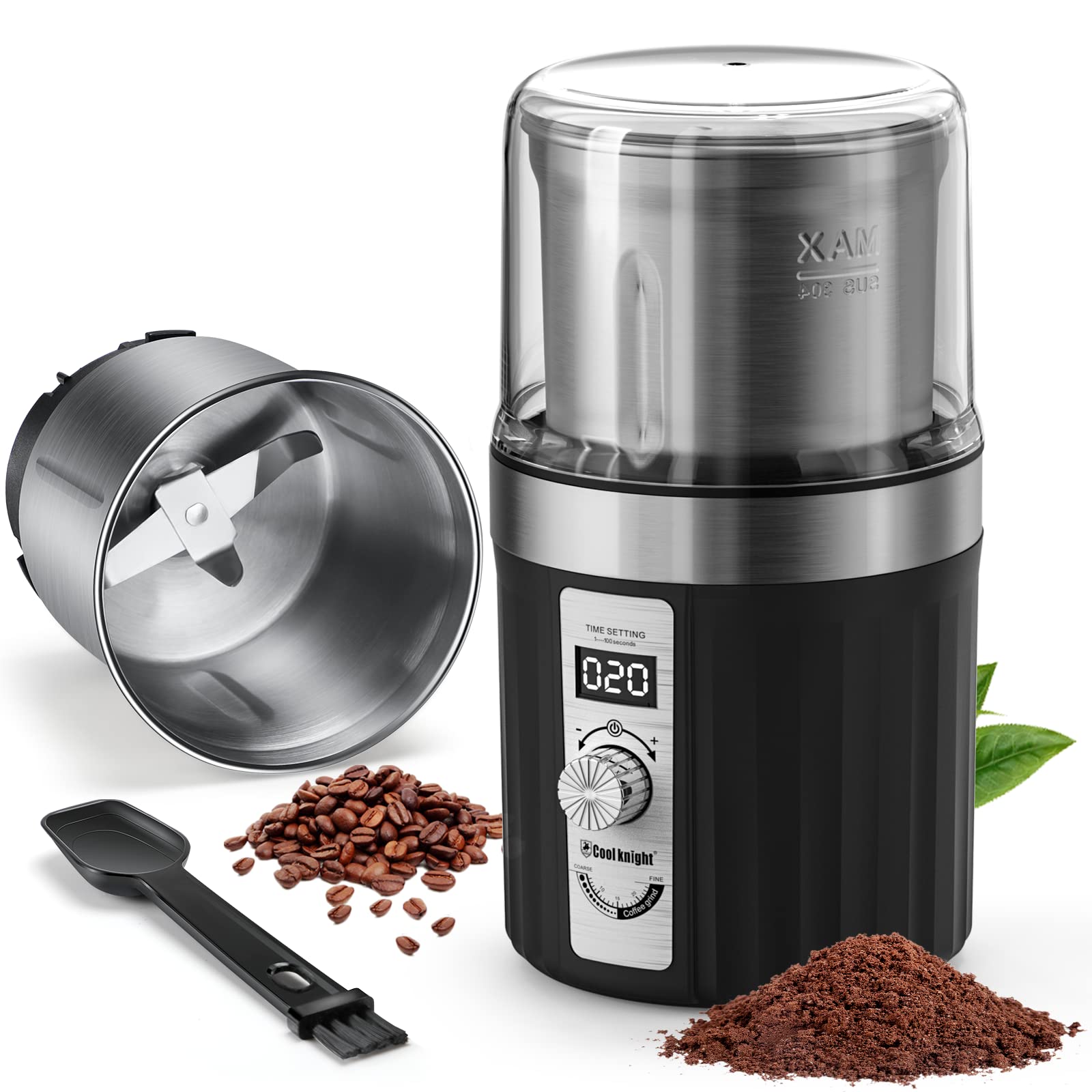 COOL KNIGHT Adjustable Coffee Grinder Electric, with Timing Setting and Removable Stainless Steel Bowl, Herb Spice Grinder Great for Coffee Bean, Spices and Herbs - 7.6"