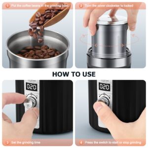 COOL KNIGHT Adjustable Coffee Grinder Electric, with Timing Setting and Removable Stainless Steel Bowl, Herb Spice Grinder Great for Coffee Bean, Spices and Herbs - 7.6"