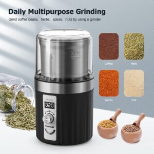 COOL KNIGHT Adjustable Coffee Grinder Electric, with Timing Setting and Removable Stainless Steel Bowl, Herb Spice Grinder Great for Coffee Bean, Spices and Herbs - 7.6"