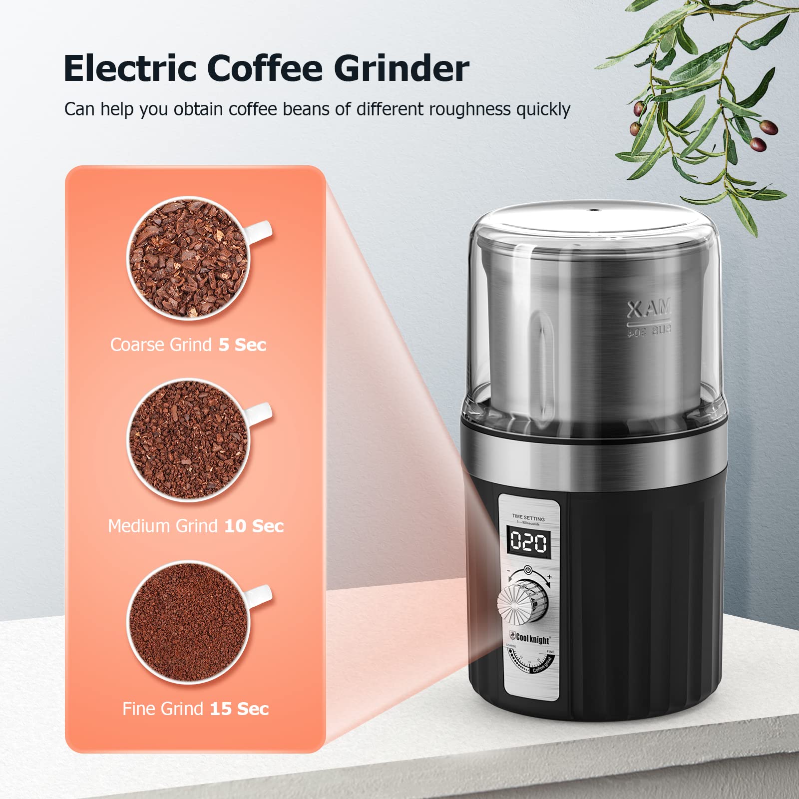 COOL KNIGHT Adjustable Coffee Grinder Electric, with Timing Setting and Removable Stainless Steel Bowl, Herb Spice Grinder Great for Coffee Bean, Spices and Herbs - 7.6"